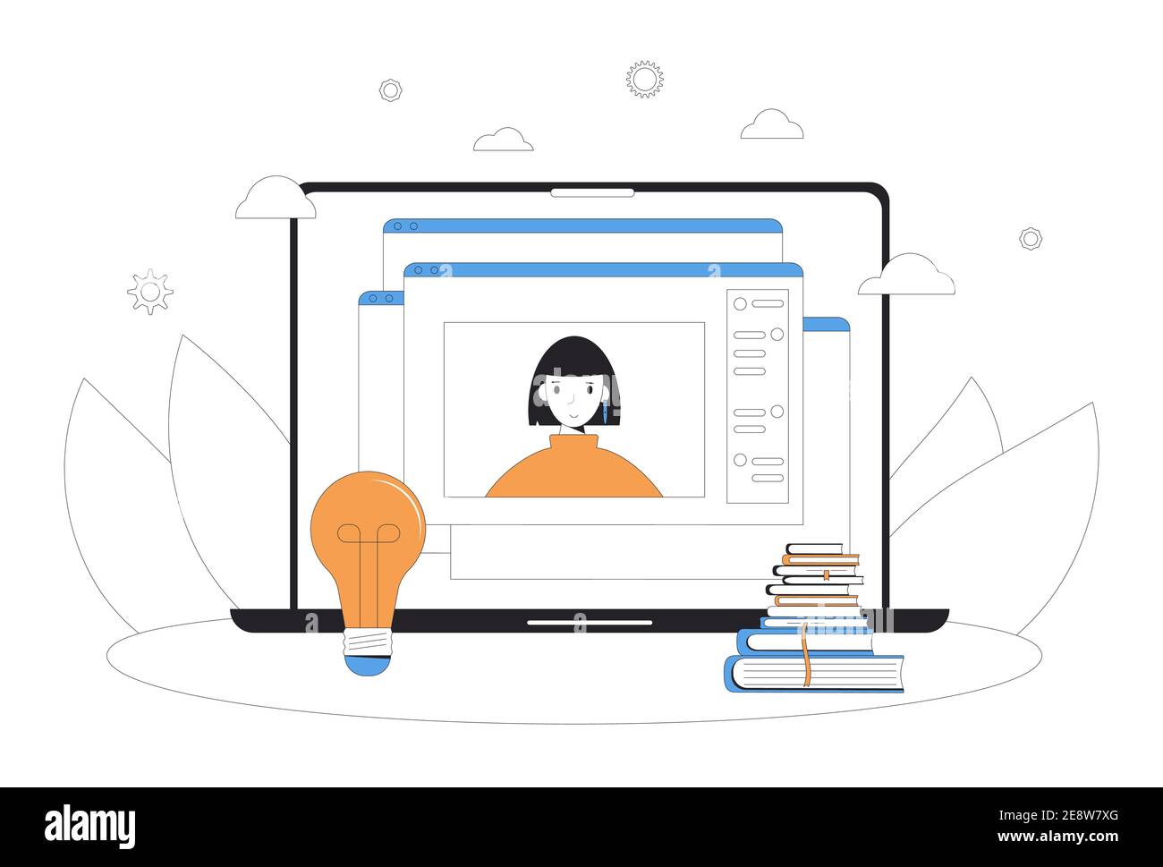 Online education. Digital learning. Young female teacher gives a ...