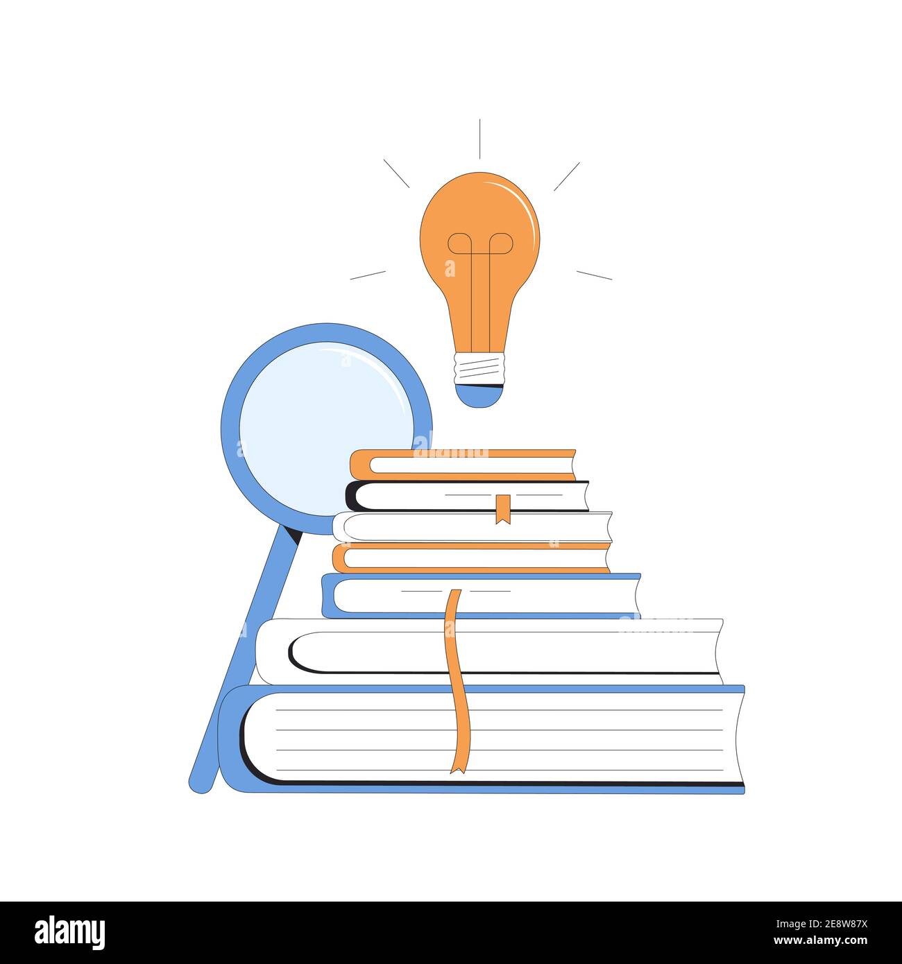Books with lightbulb and magnifier. Knowledge, education, learning, idea symbol. Study, research ...