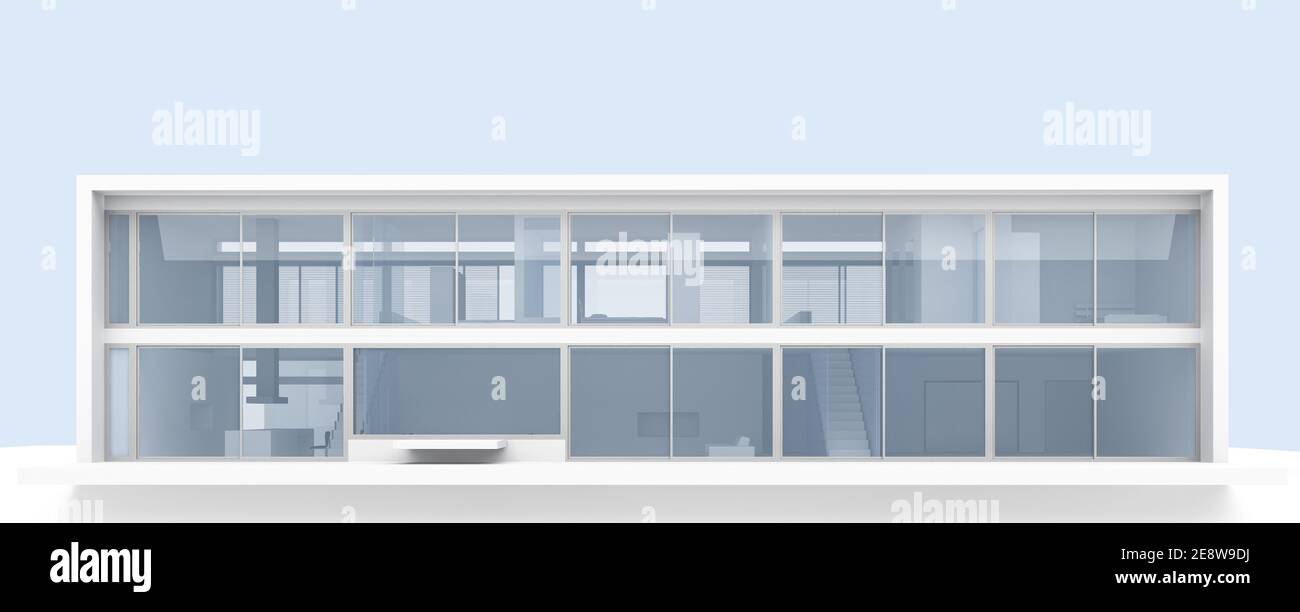 frontal view of a one-storey modern house with panoramic transparent ...