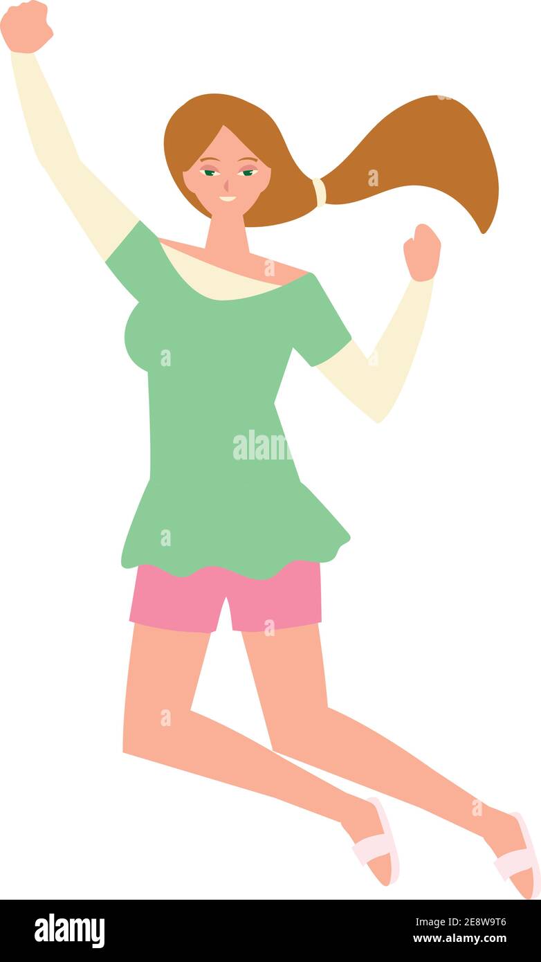 young woman raised hands celebrating white background vector ...