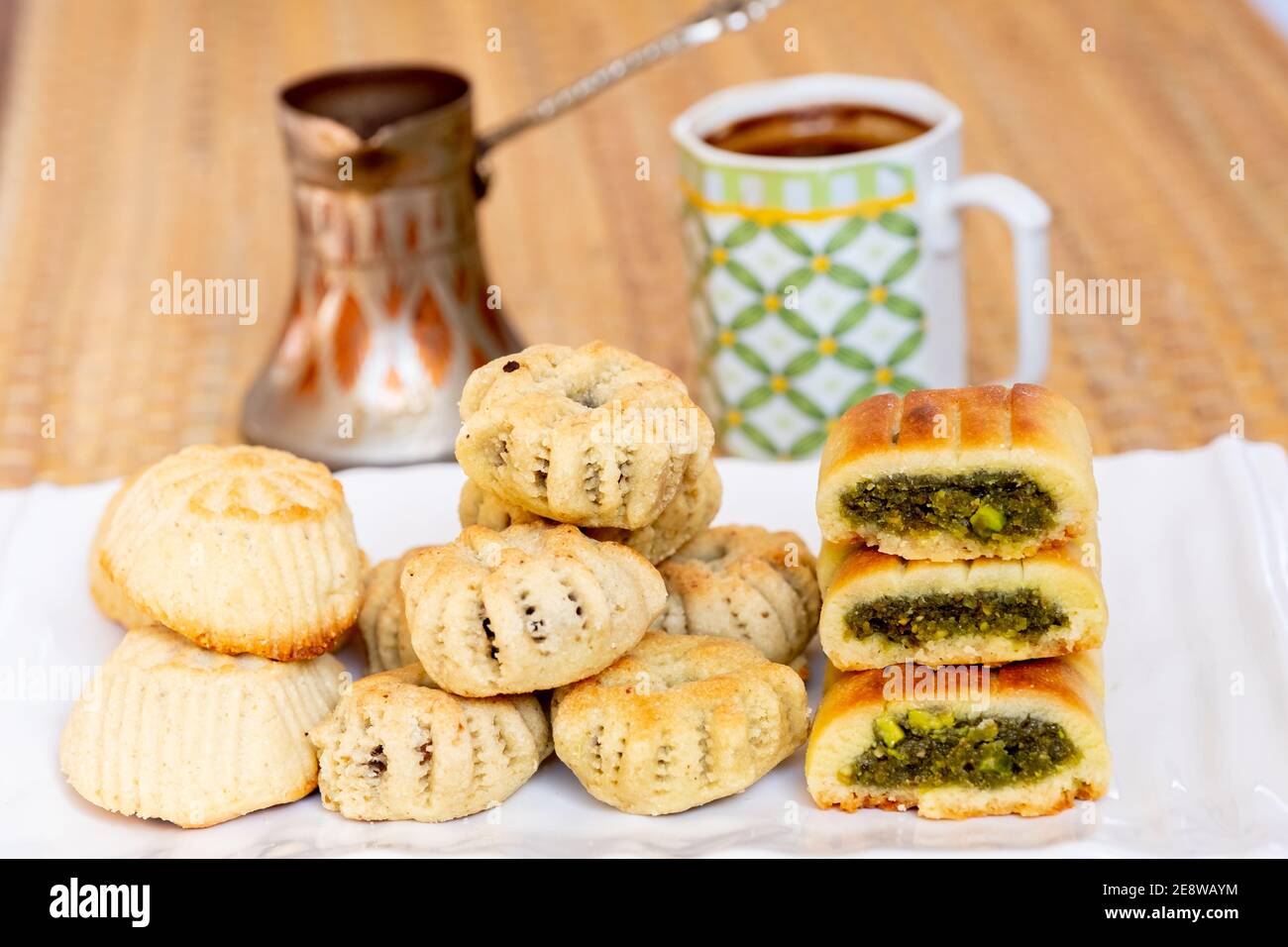 Arabic sweets, maamoul and coffee on traditional background Stock Photo ...