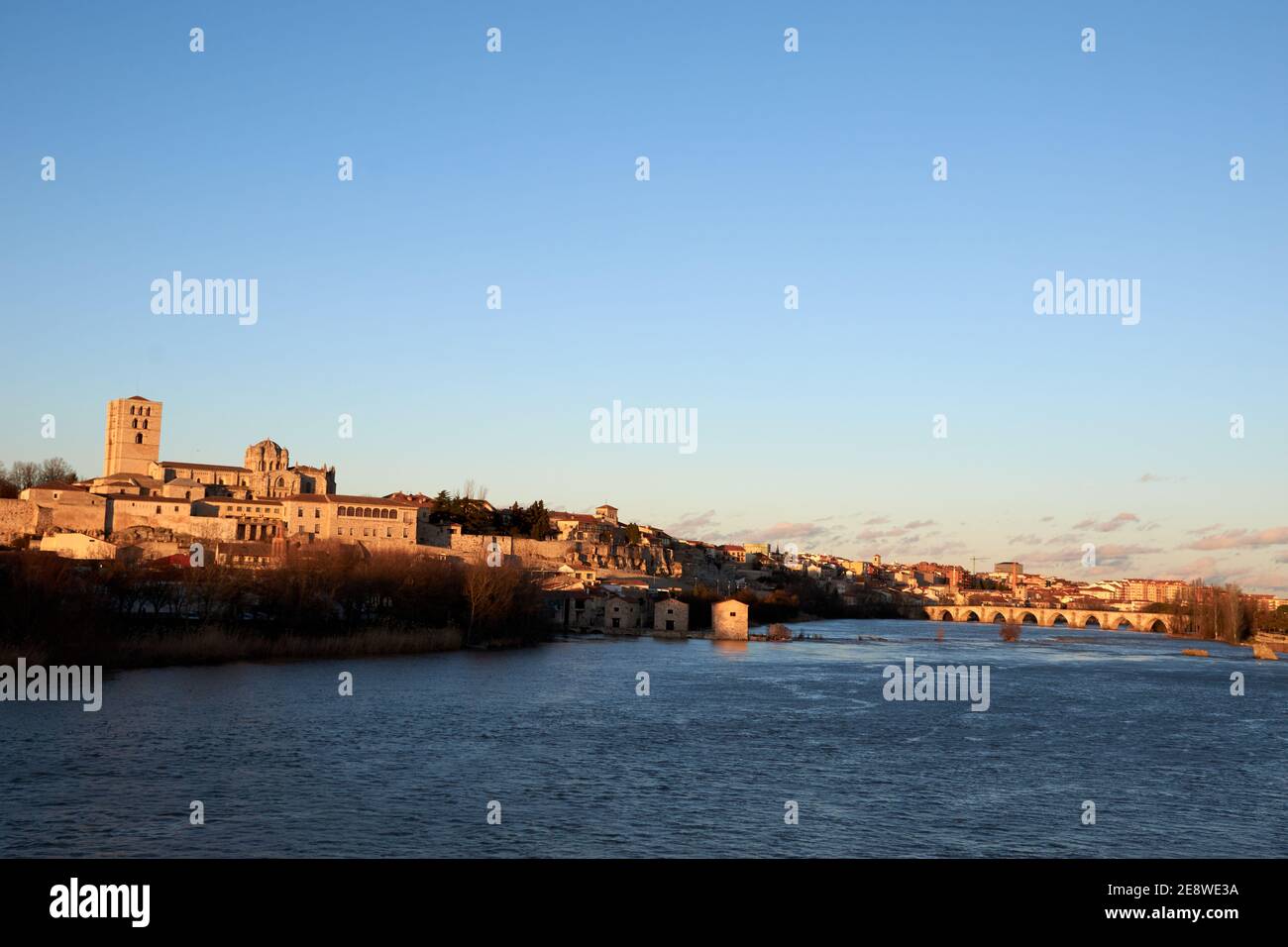 Close up, horizontal view of the cathedral of Zamora at sunset with the ...