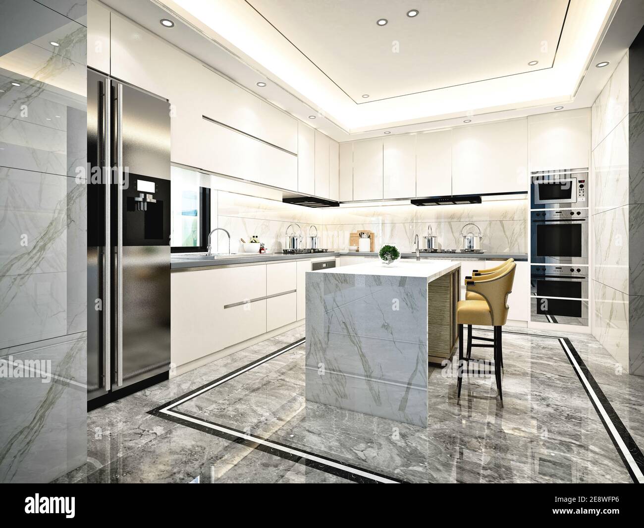 3d render of luxury house kitchen and dining room Stock Photo - Alamy