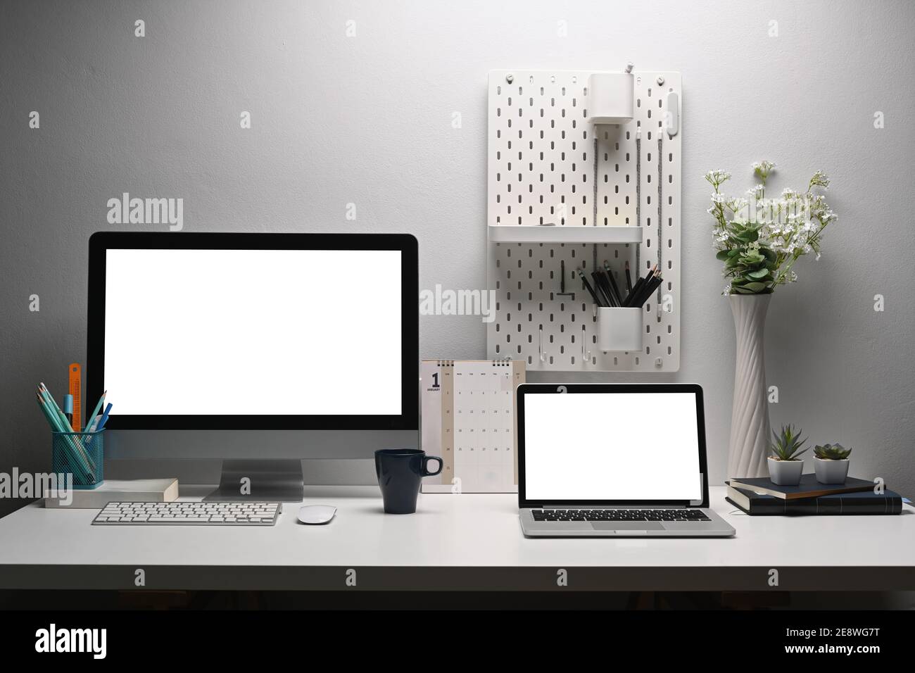 Home office desk, Two monitor Pc and Laptop computer on creative ...