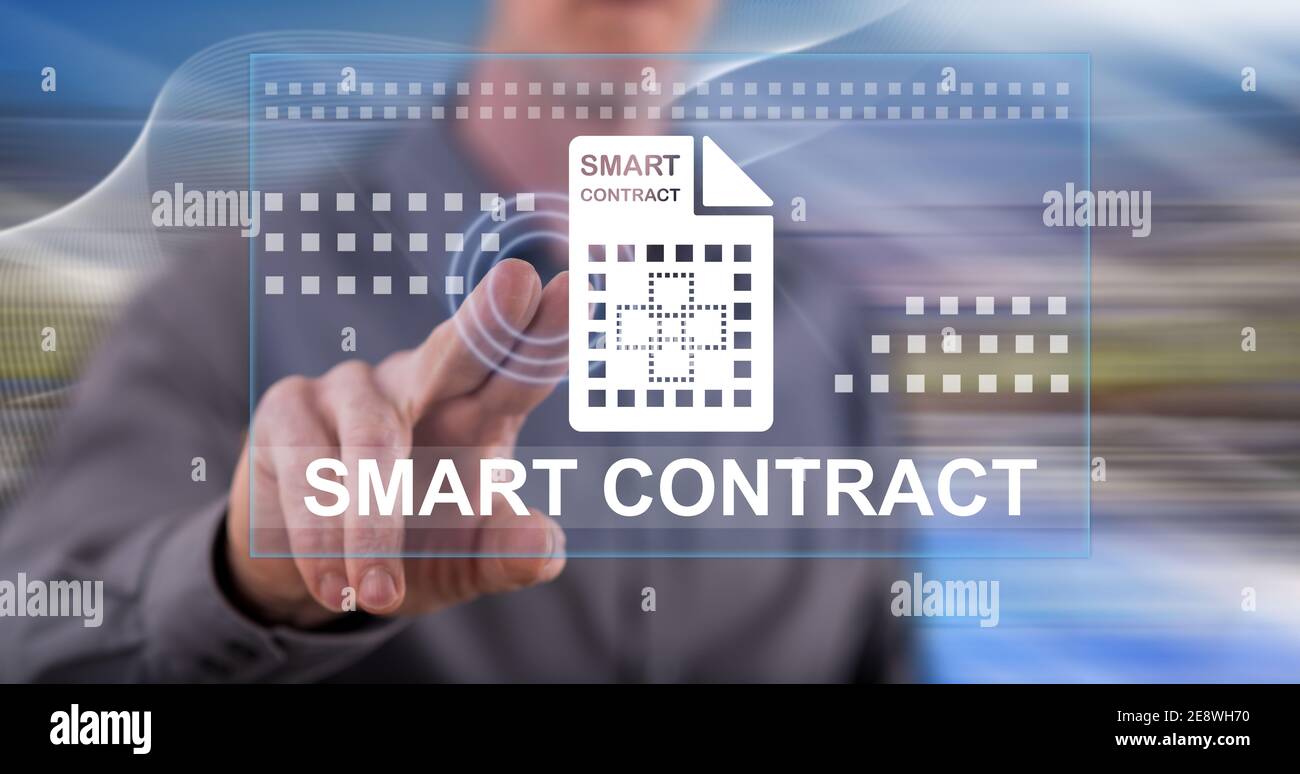 Man touching a smart contract concept on a touch screen with his finger ...