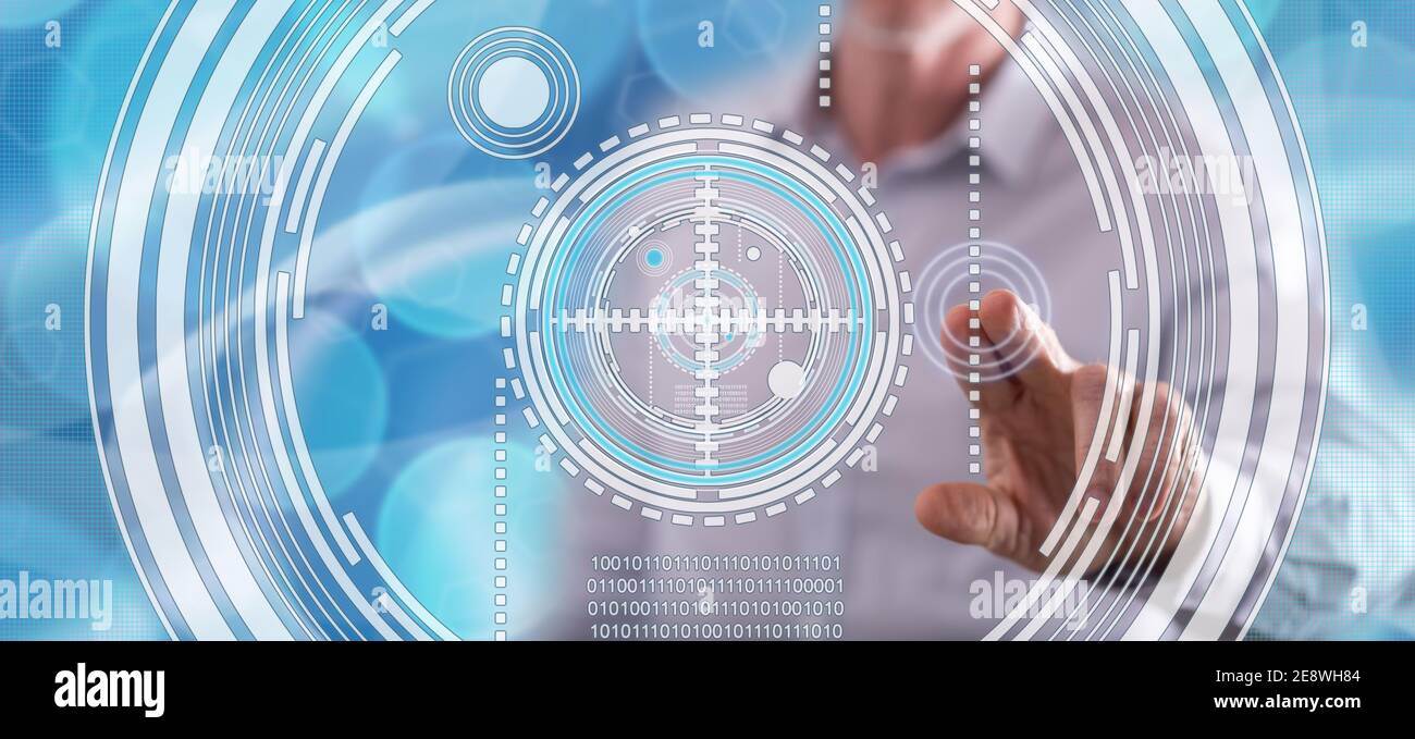 Man touching a virtual technology concept on a touch screen with his ...