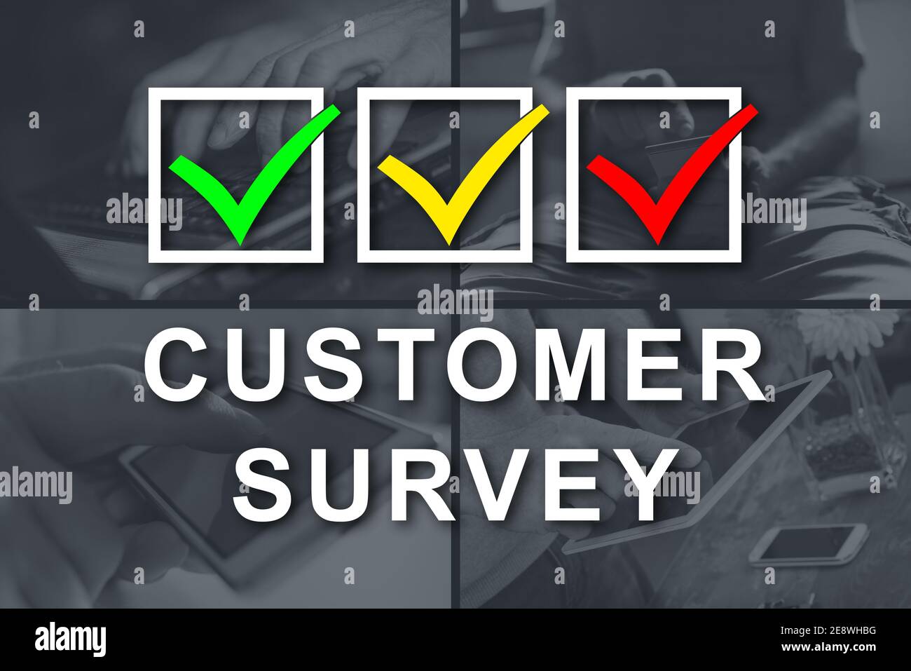 Customer survey concept illustrated by pictures on background Stock ...