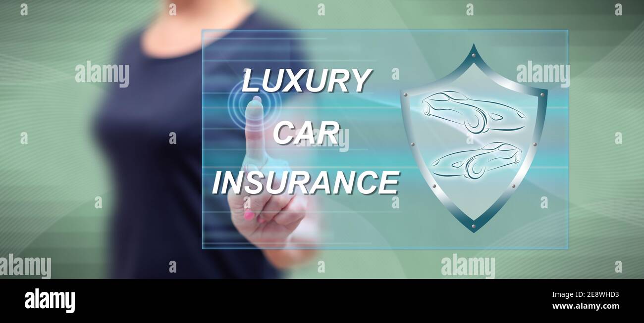 Woman touching a luxury car insurance concept on a touch screen with ...