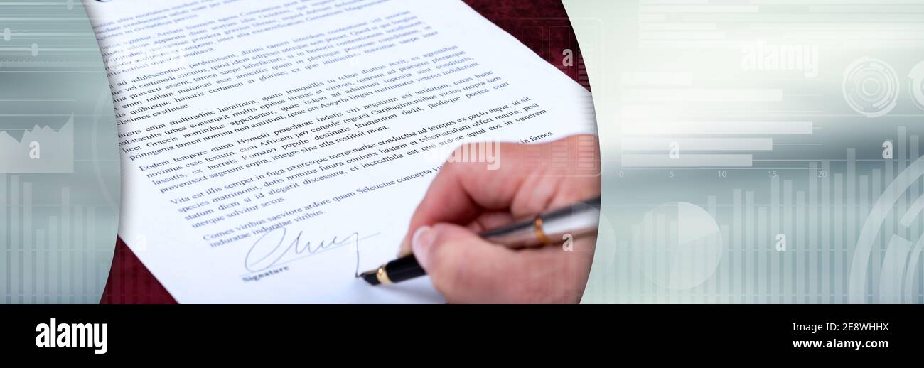 Woman hand signing a contract; panoramic banner Stock Photo - Alamy
