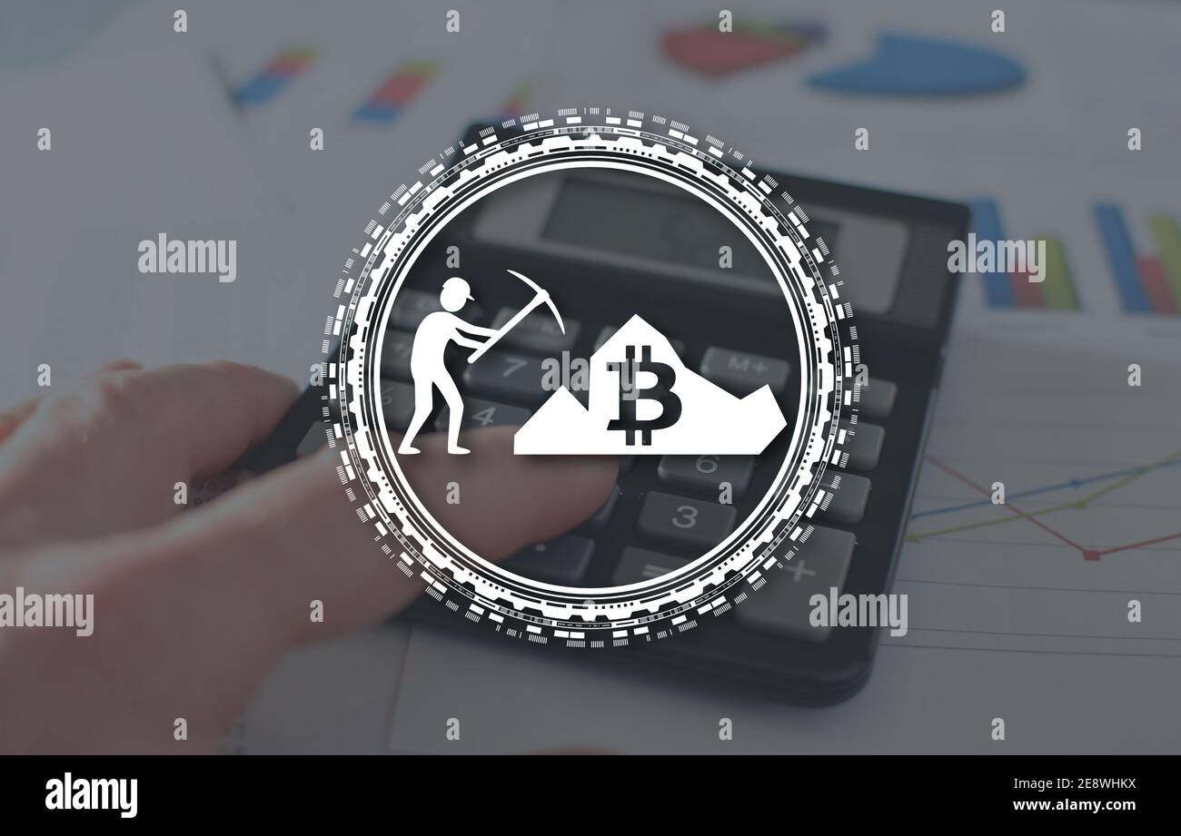 Bitcoin mining concept illustrated by a picture on background Stock ...