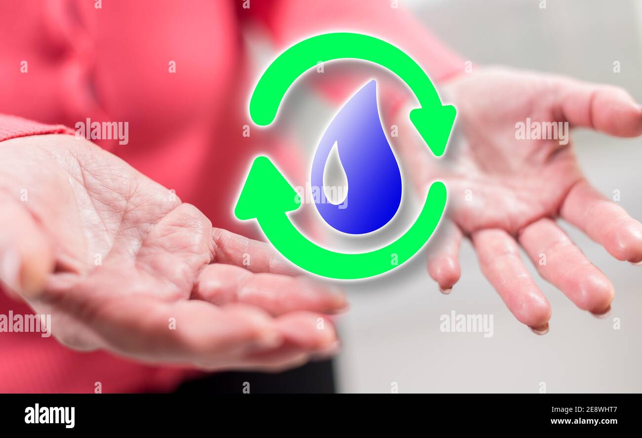 Water recycling concept above the hands of a woman in background Stock ...