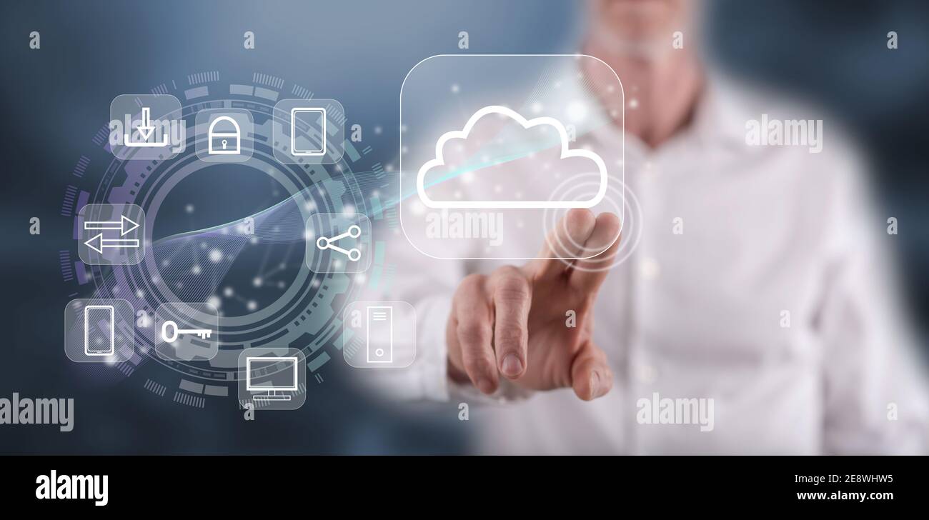 Man touching a cloud computing concept on a touch screen with his finger Stock Photo - Alamy