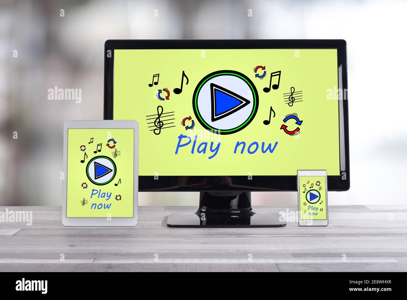 Online music concept shown on different information technology devices ...