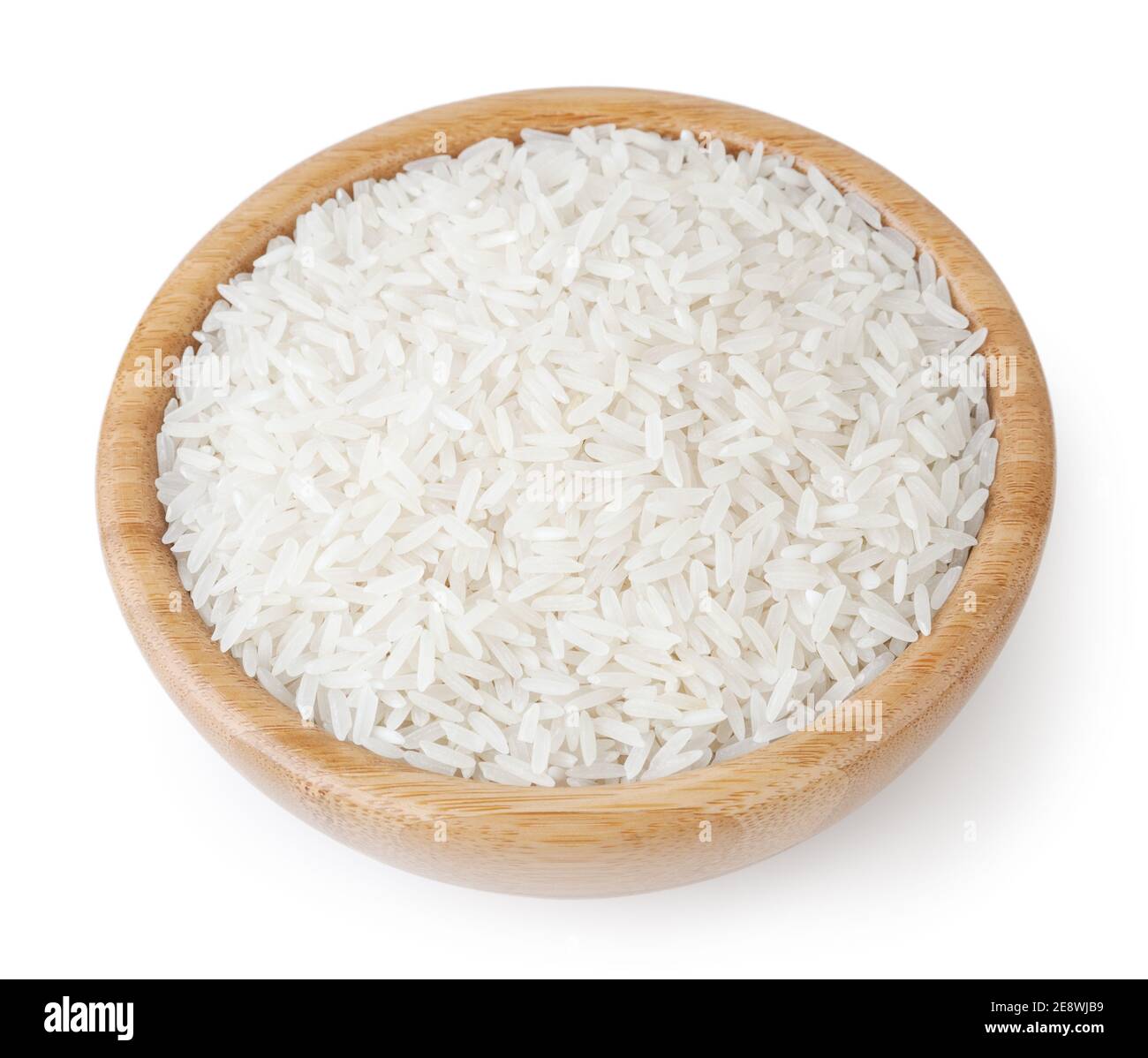 White long-grain jasmine rice in wooden bowl isolated on white ...