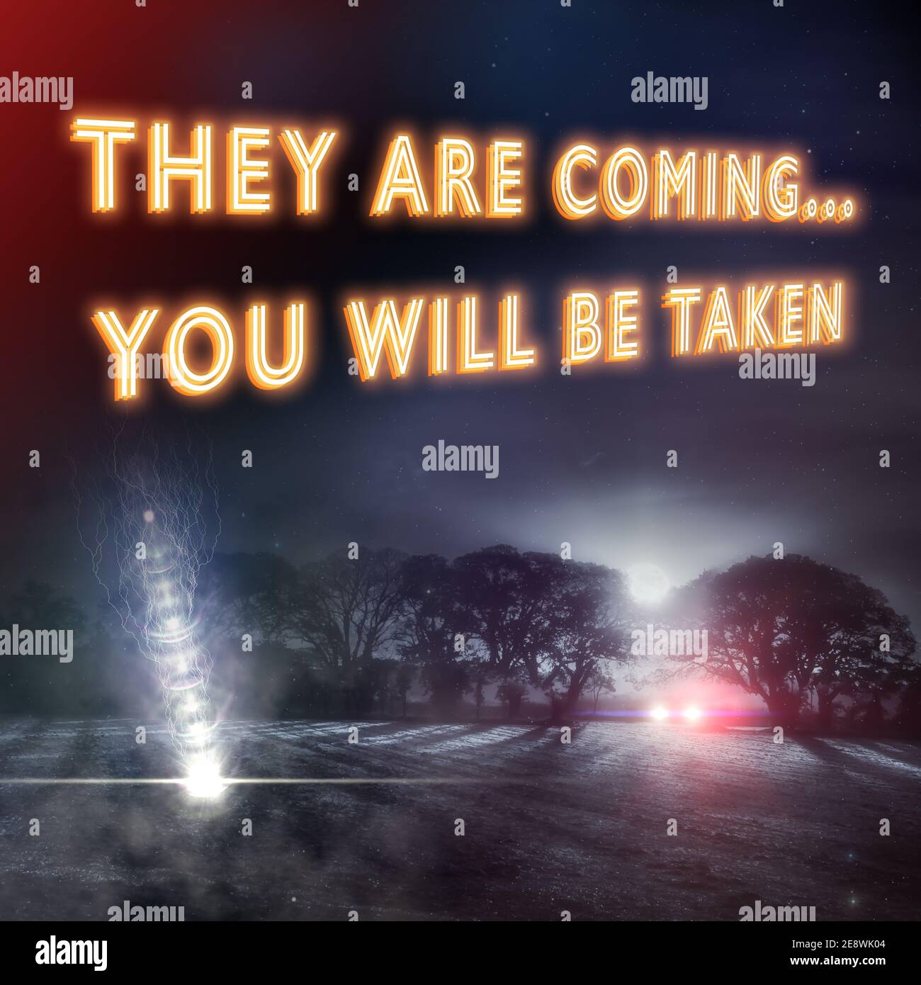 "They Are Coming..." slogan with UFO aliens falling to earth and a car ...