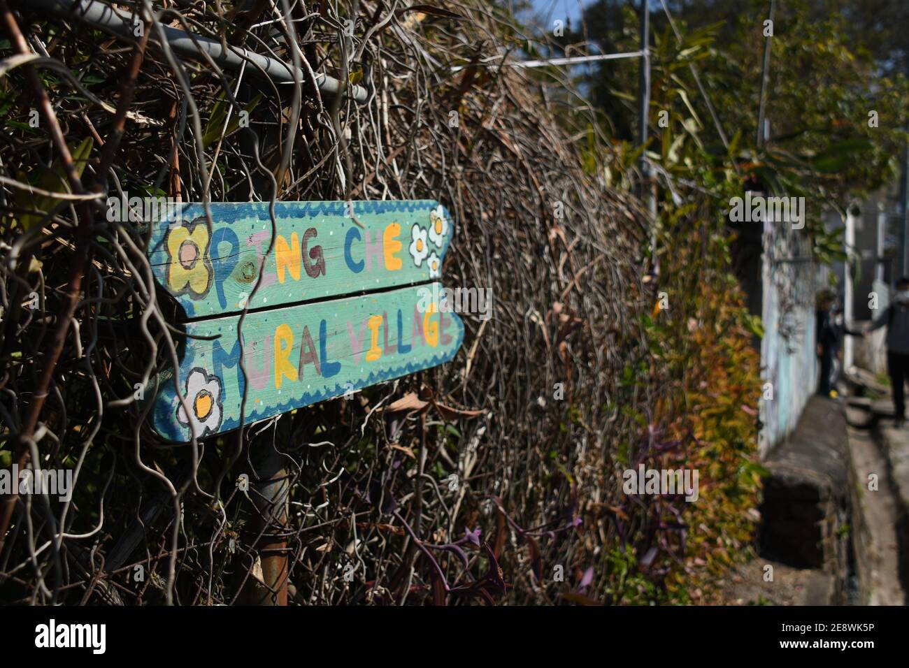Colorful wooden signs for Ping Che mural village in Fanling area, Hong ...