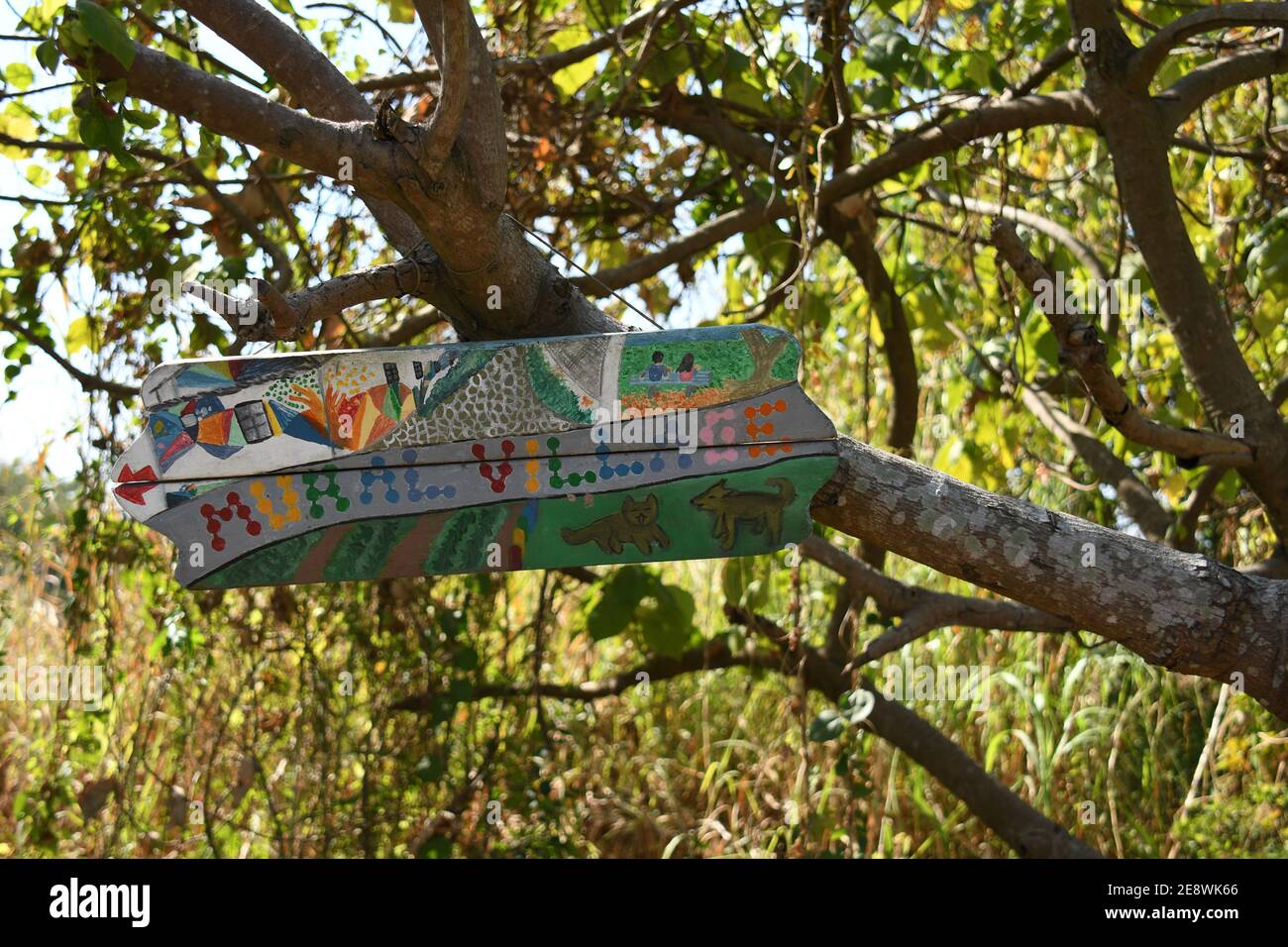 Colorful wooden signs for Ping Che mural village in Fanling area, Hong ...