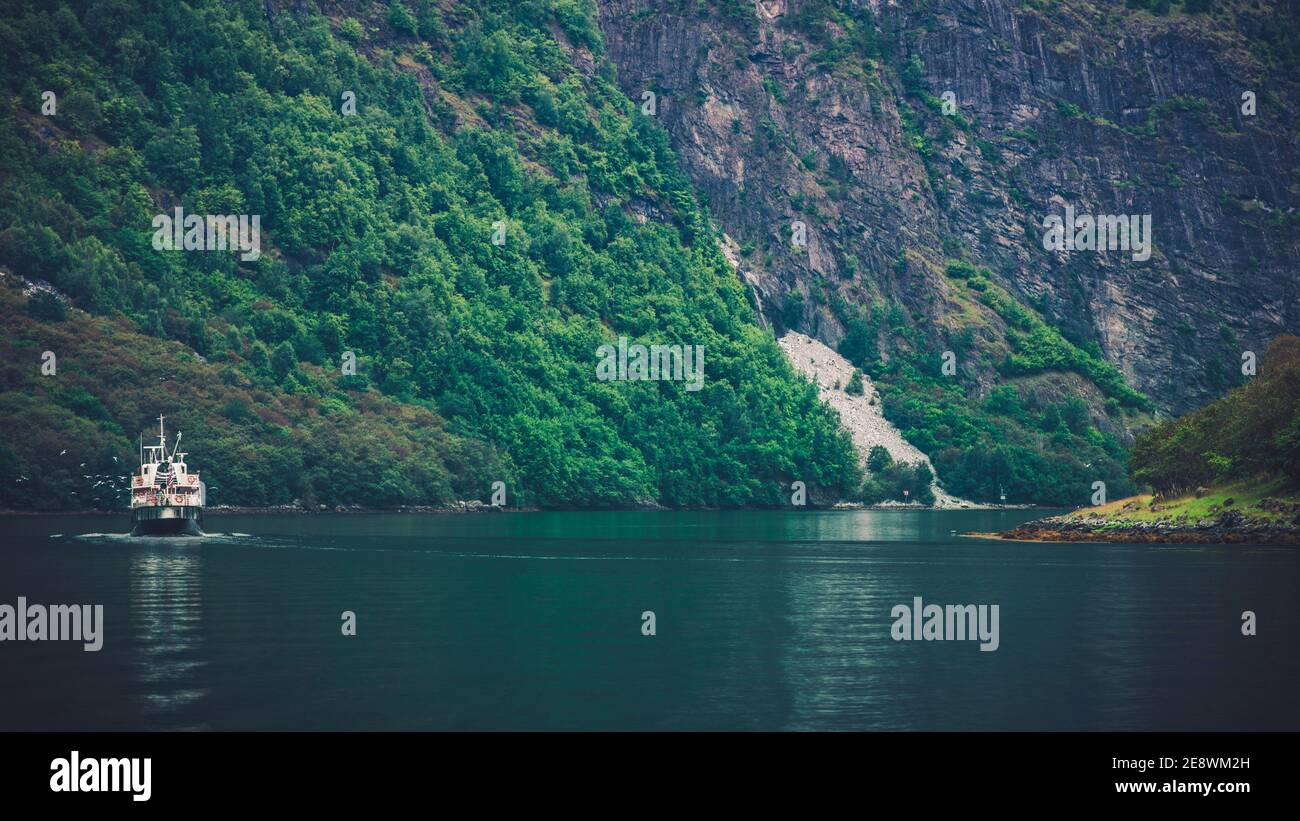 Norwegian Fjords Landscape with Ferry on its Daily Route. Scenic Norway ...