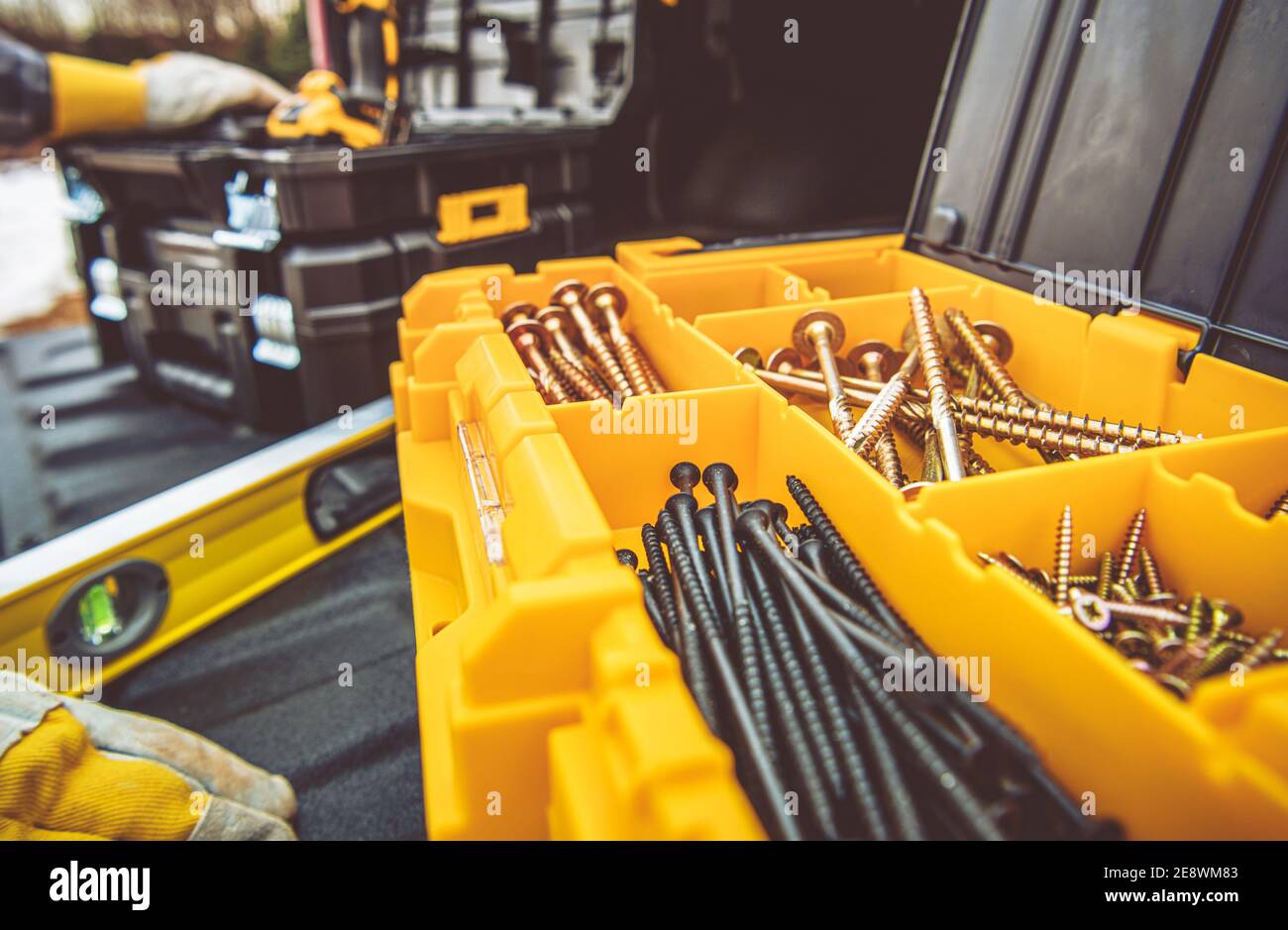 Large Plastic Tool Box Full of Wood Screws. Construction Zone Job ...