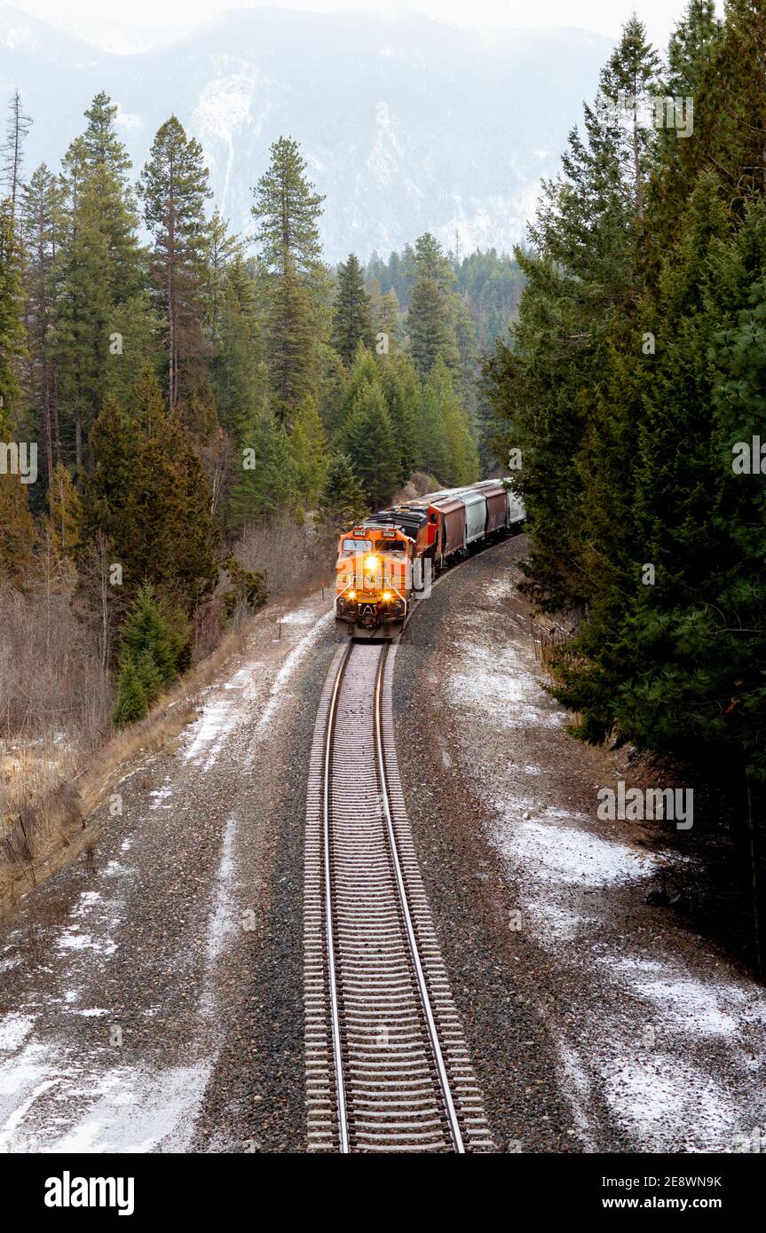 An overhead view of a BNSF train locomotive coming down the tracks from the south, towards the ...