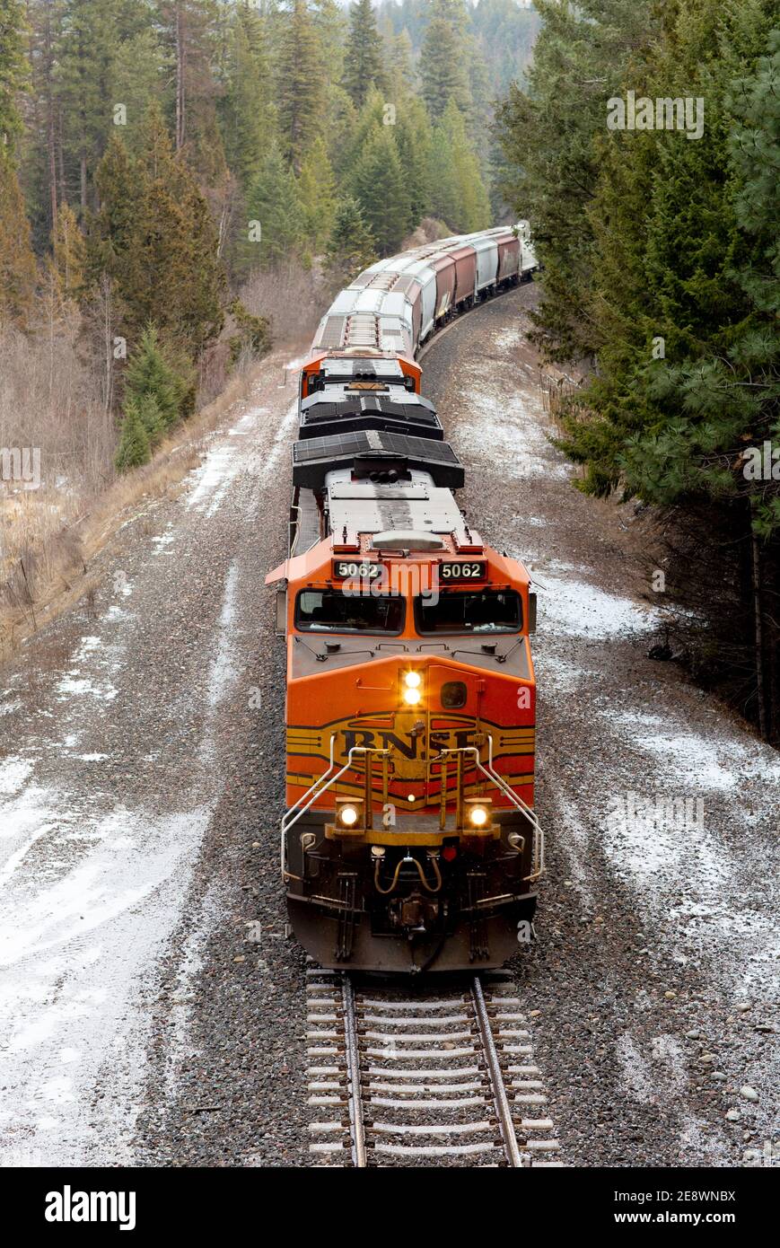An overhead view of a BNSF train locomotive coming down the tracks from ...