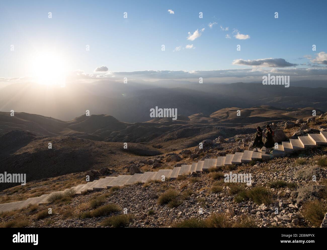The stone stairway to the ancient ruins atop Mount Nemrut in Turkey, a ...
