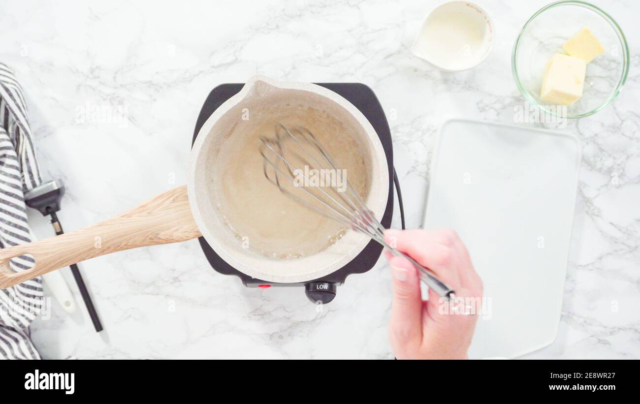 Flat lay. Step by step. Preparing homemade caramel in the cooking pot ...