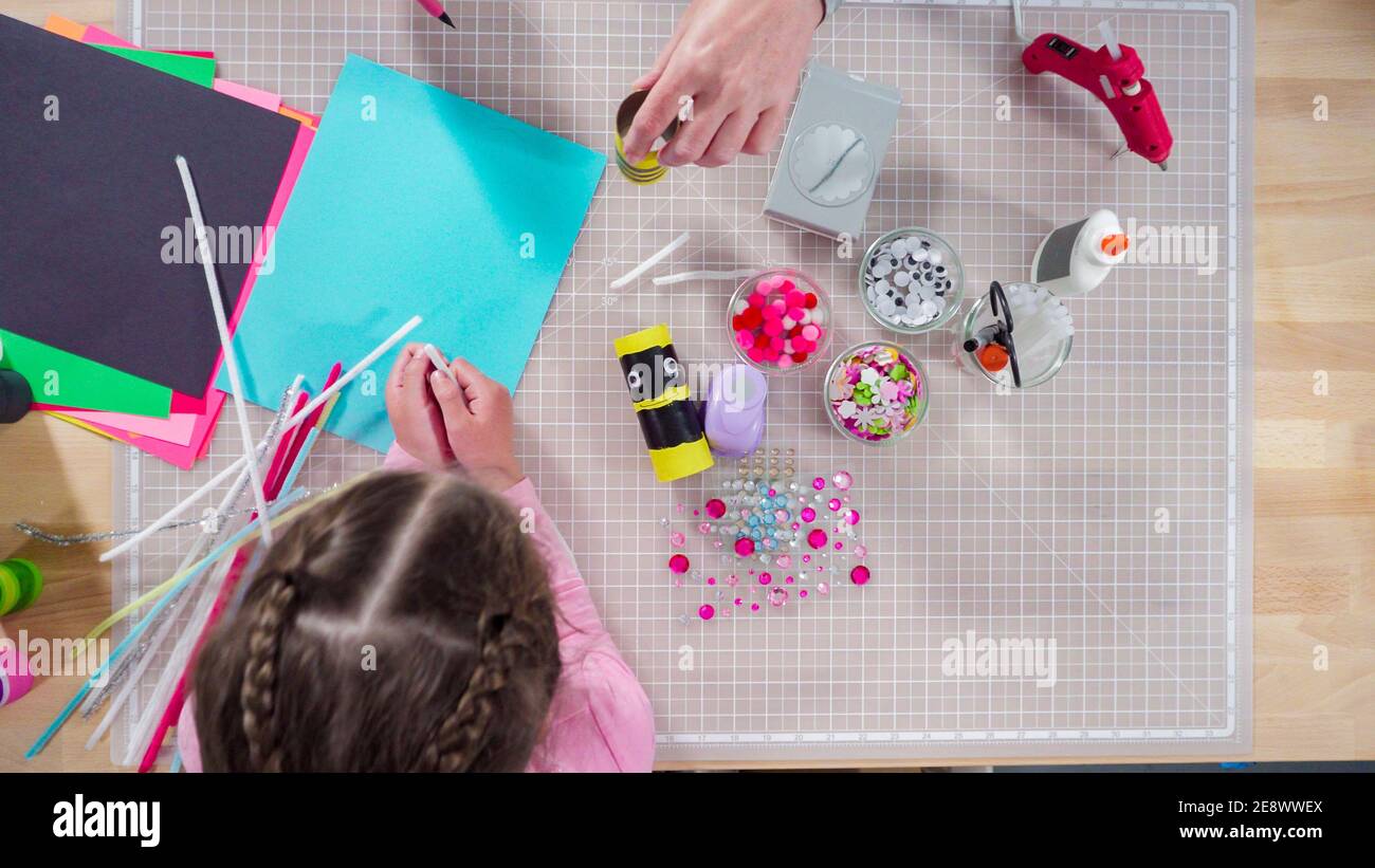 Flat lay. Kids papercraft. Making paper bugs out of the empty toilet ...