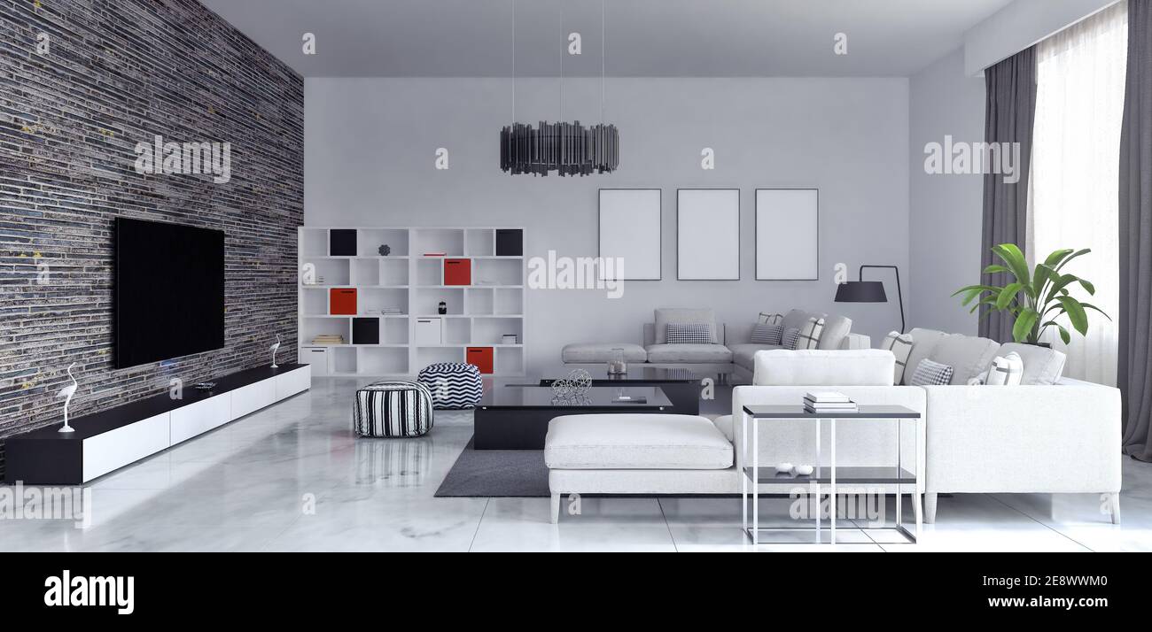 Living room, interior design 3D Rendering Stock Photo - Alamy