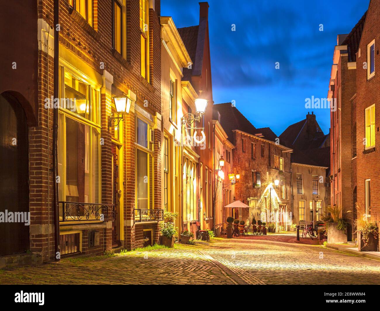 Evening view of medieval houses in the Dutch historic city centre of ...