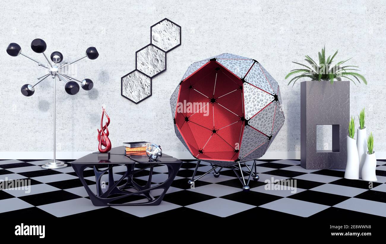 Modern interior design of futuristic living room 3d Render 3d ...