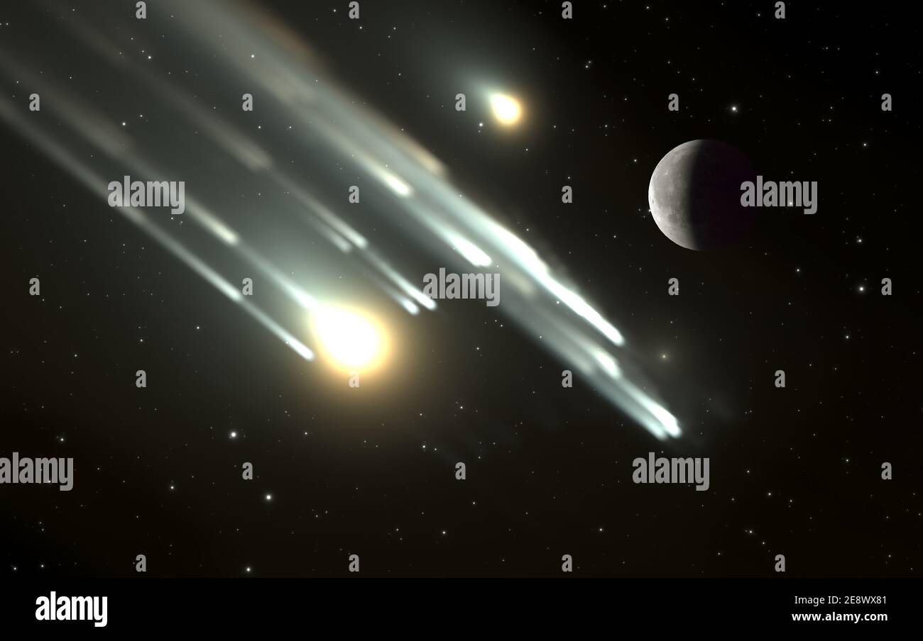 Meteors or fragments satellite burn in the Earth's atmosphere. 3D ...