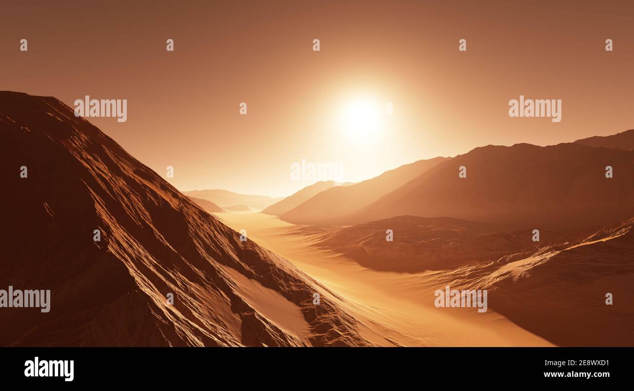 Mars - the red planet. Martian landscape covered with dust. 3D ...