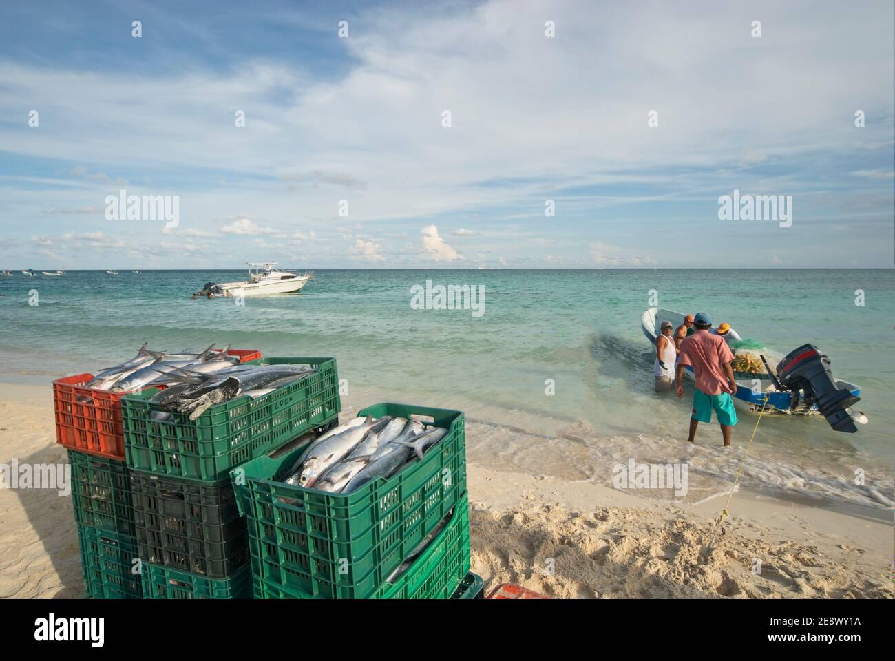 Crates full of fish by the sea, fishermen with their boat in the ...