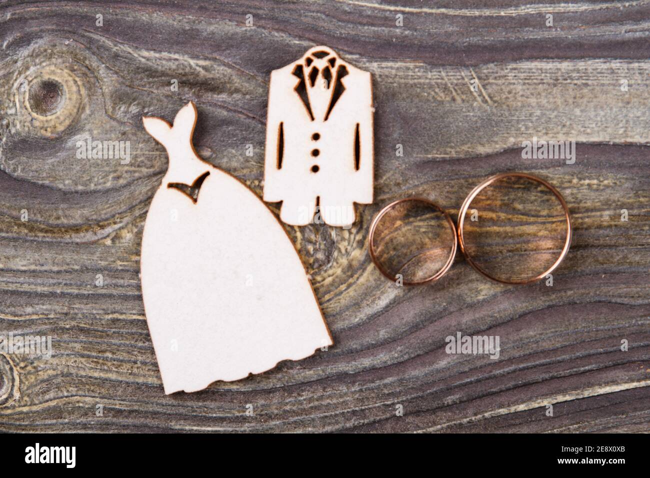 Top view wedding rings and dresses Stock Photo - Alamy