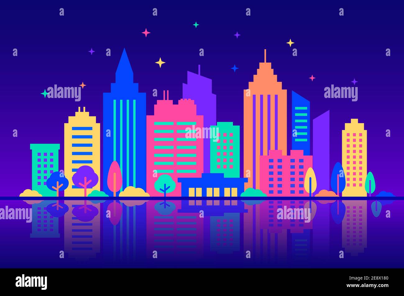 Night city. Silhouettes of buildings with neon glow and vivid colors at ...