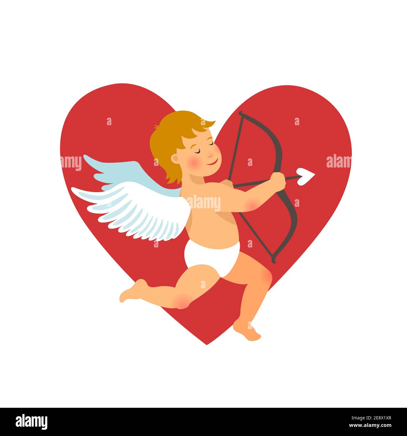 Valentines Day Design Funny Cupid With Bow And Arrow On Red Heart