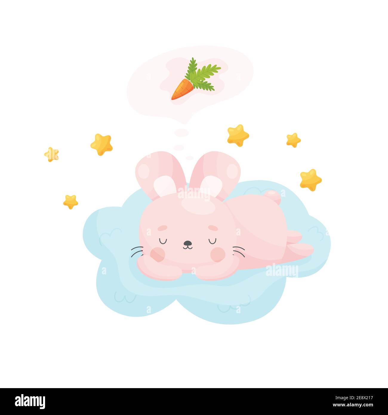 Cute cartoon Easter bunny sleeping on the fluffy cloud and dreames ...