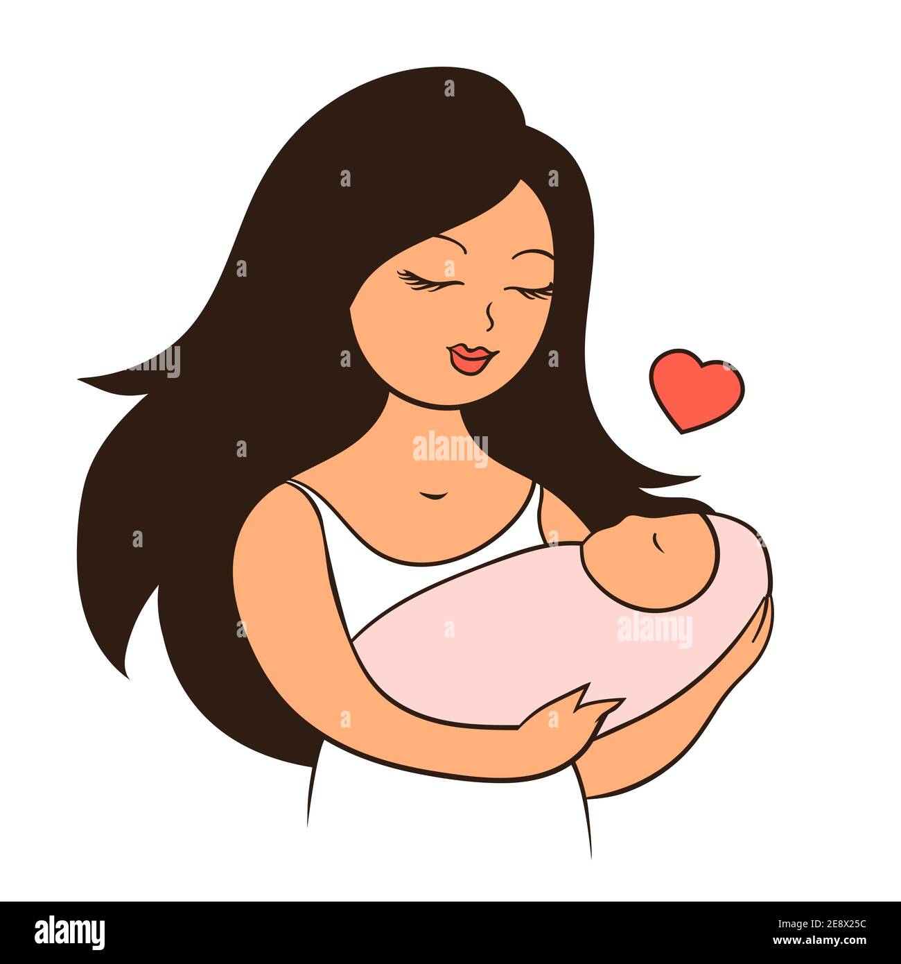 Young mother with a baby in her arms. The woman has a happy smile on ...