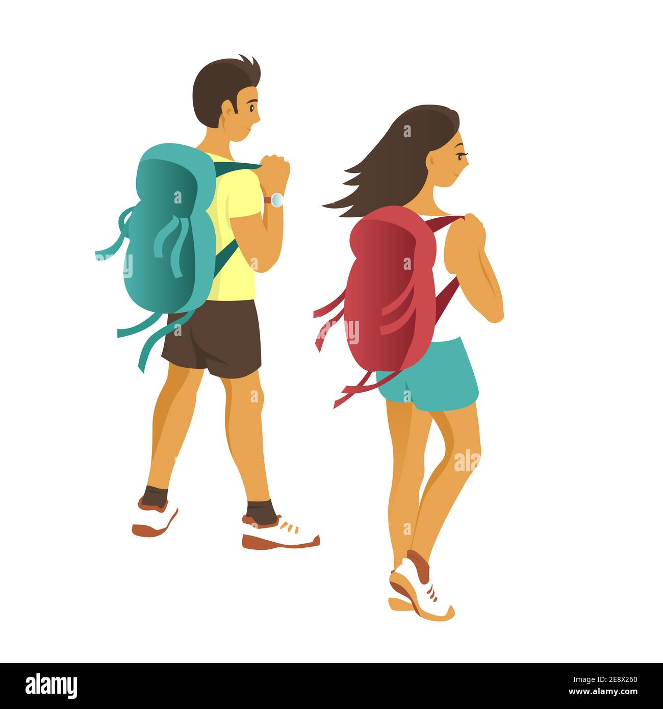 Young man and woman travel with backpacks. Dressed in summer shorts ...