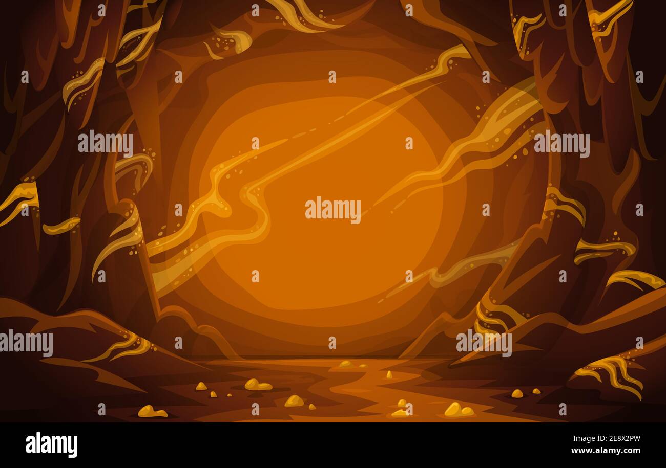 Treasury cave. Goldmine. Cave with gold. Cartoon mountain scene ...