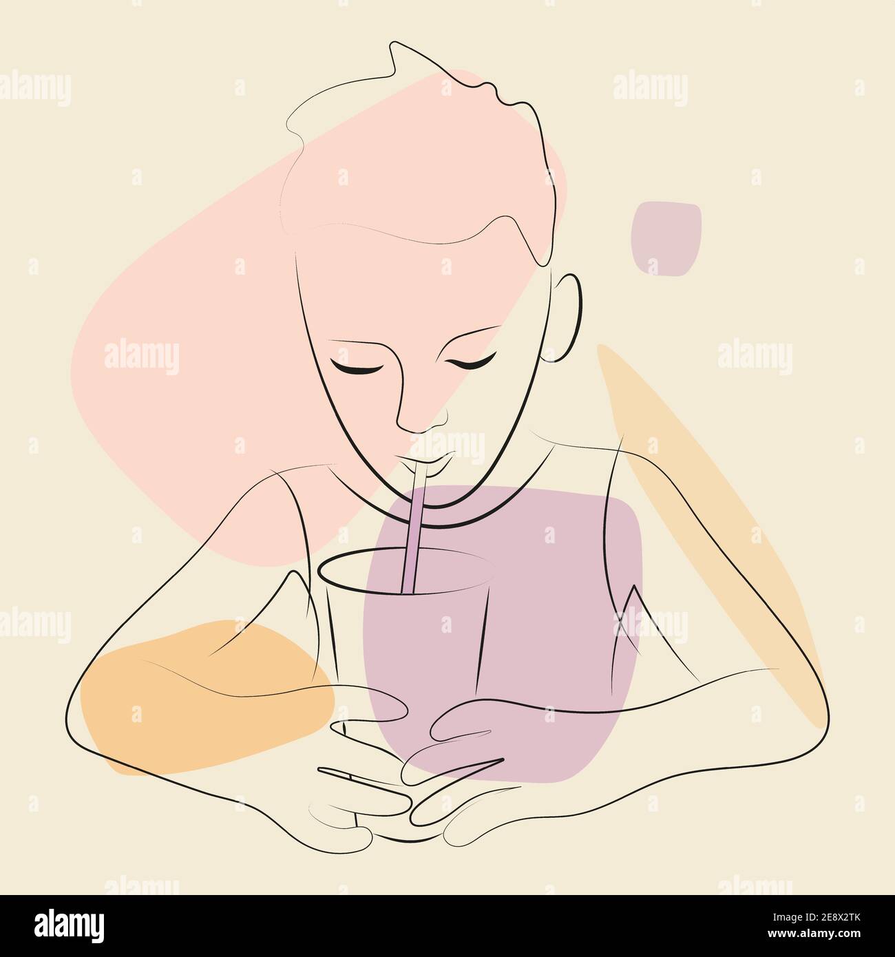 Face Line Art Boy Drinks with a Straw from Cup Stock Vector Image & Art ...