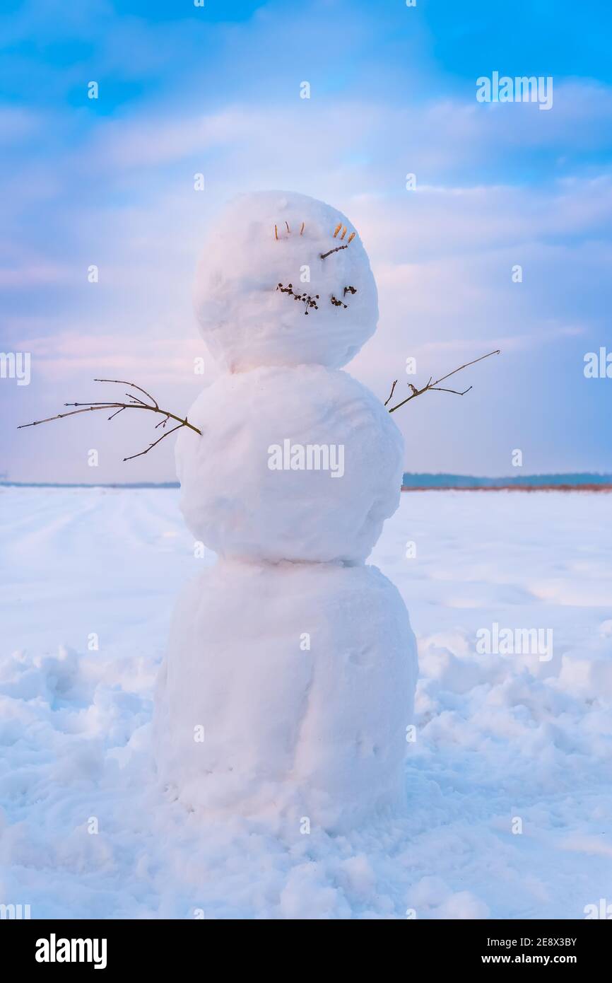 Beautiful, happy snowman standing against a blue sky with clouds ...