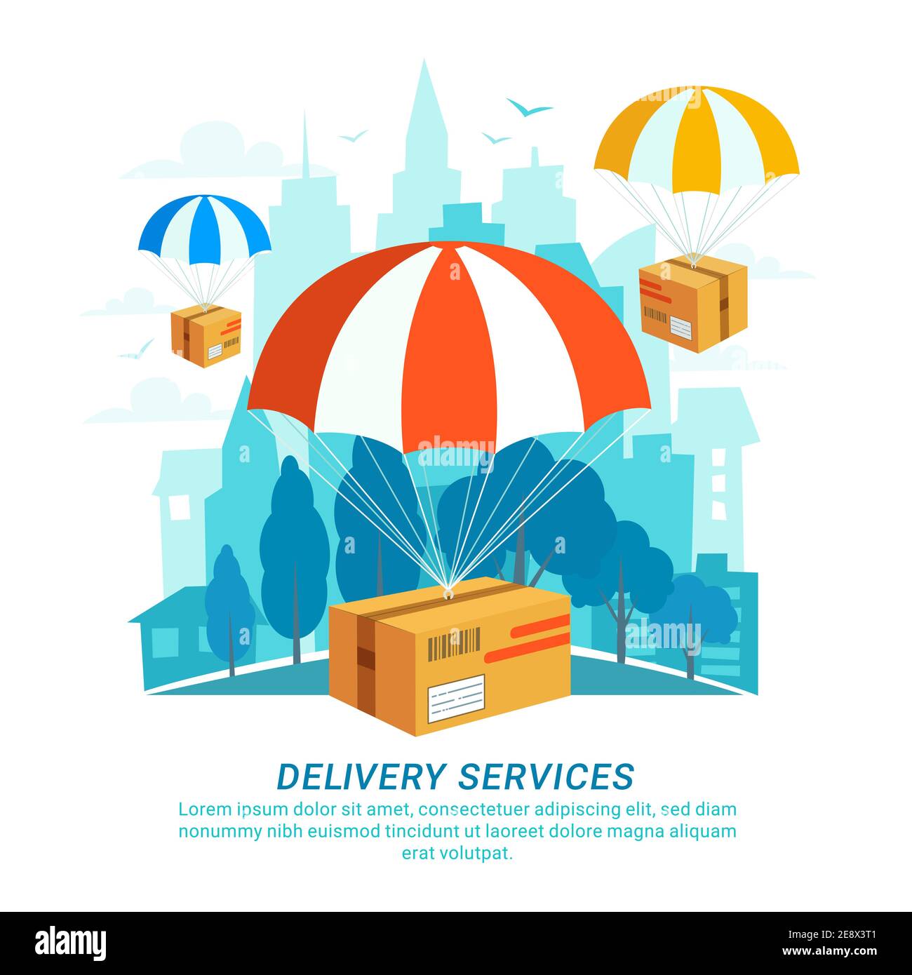 Delivery service concept. Flat design, packages with parachutes on ...
