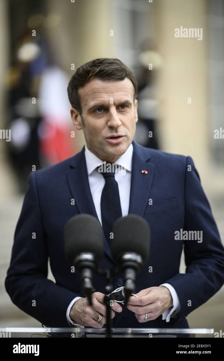 Paris, France, February 1 2021, French President Emmanuel Macron makes ...