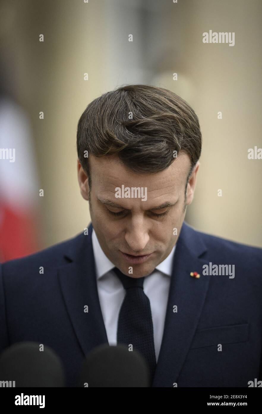 Paris, France, February 1 2021, French President Emmanuel Macron makes ...