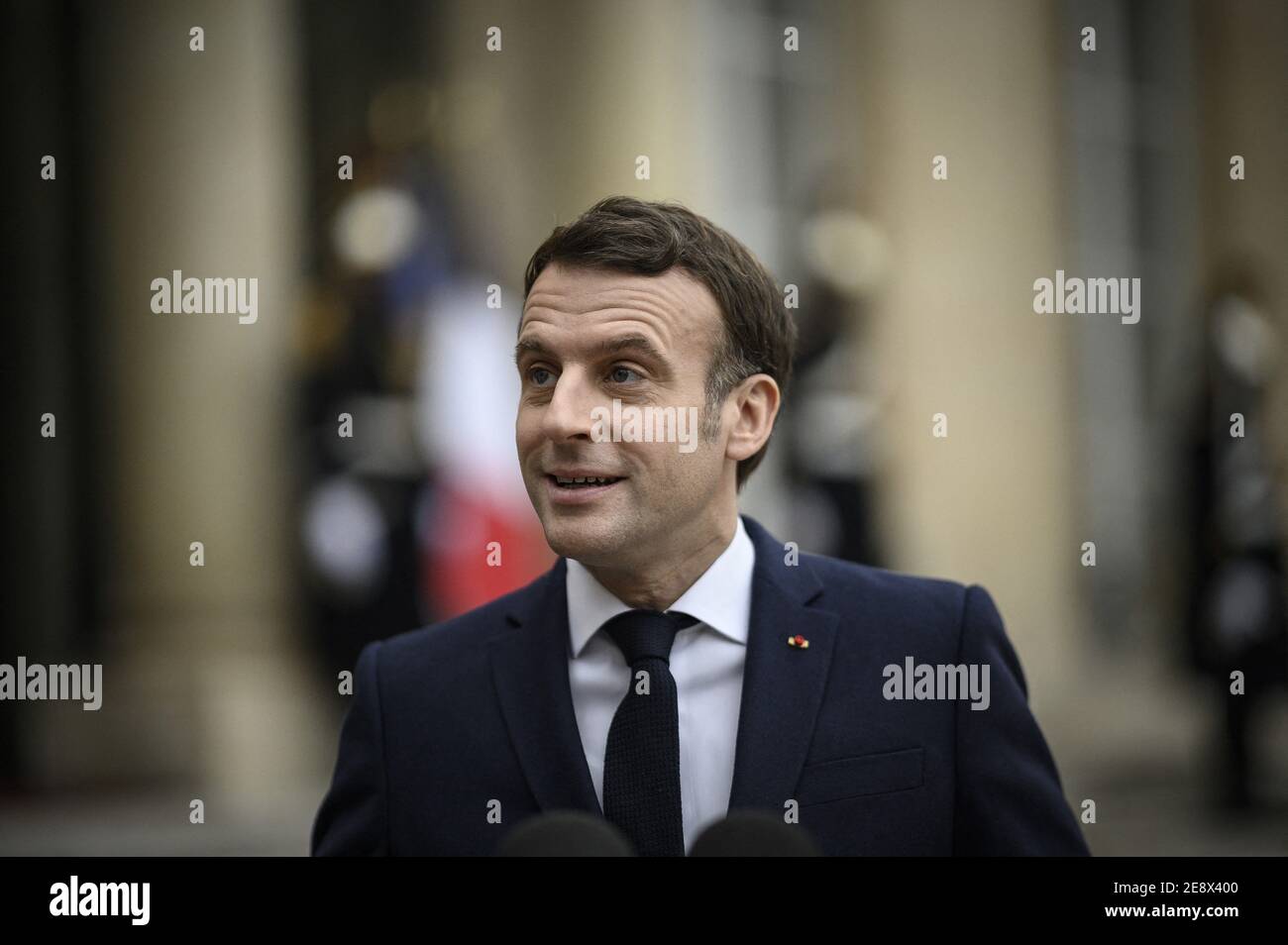 Paris, France, February 1 2021, French President Emmanuel Macron makes ...