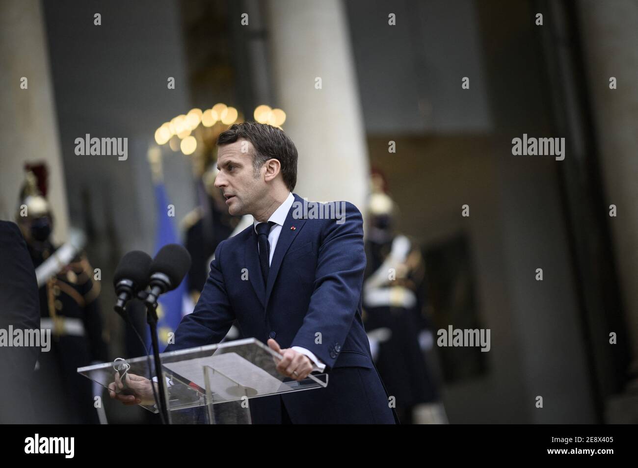 Paris, France, February 1 2021, French President Emmanuel Macron makes ...