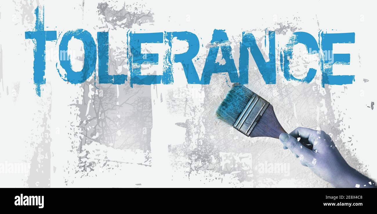 Tolerance word in red, and paintbrush on white grey grunge background ...