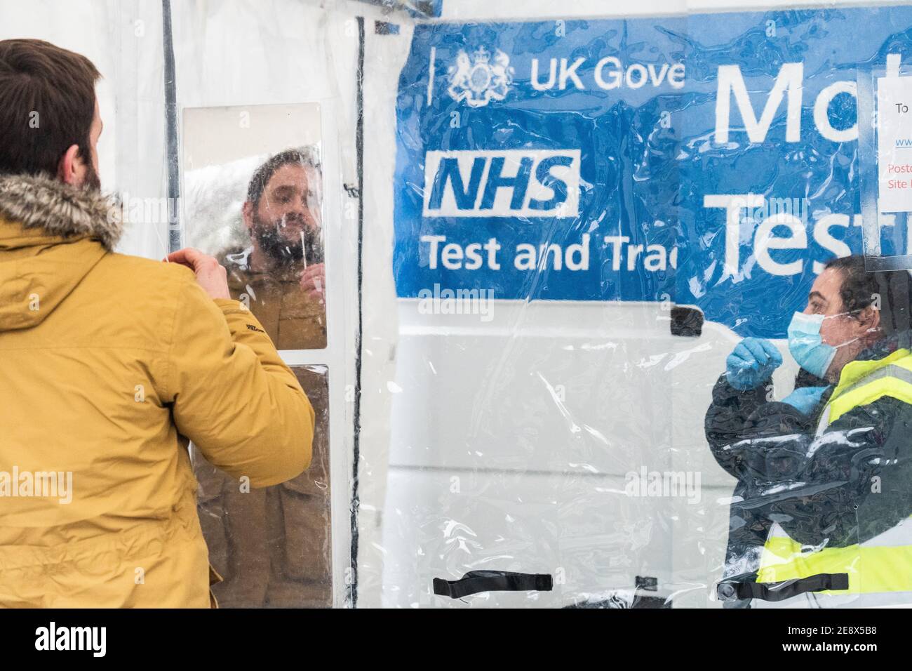 London, UK. 1st Feb, 2021. A mobile testing unit for the South African ...